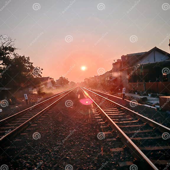 The Setting Sun at the End of the Train Tracks Stock Image - Image of ...