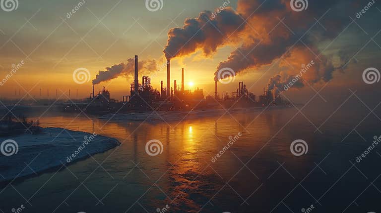 Sunset Over Industrial Carbon Capture Systems Along a River Stock Image ...