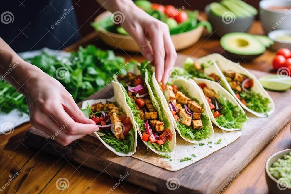 Setting a Table with Vegan Tempeh Tacos Using Tongs Stock Photo - Image ...