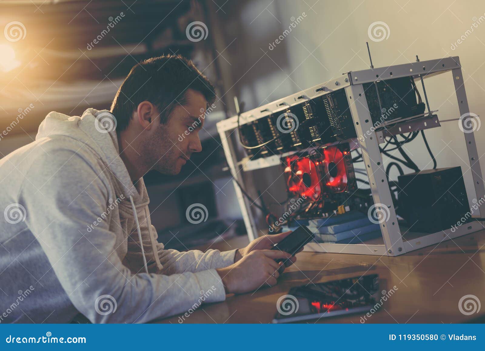 Setting up a mining rig stock photo. Image of hardware - 119350580