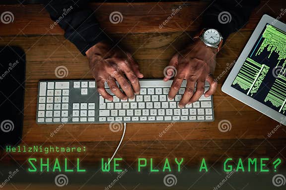 Setting Up the Sting. High Angle Shot of an Unidentifiable Hacker Cracking a Computer Code in ...