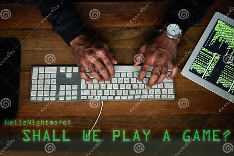 Setting Up the Sting. High Angle Shot of an Unidentifiable Hacker Cracking a Computer Code in ...