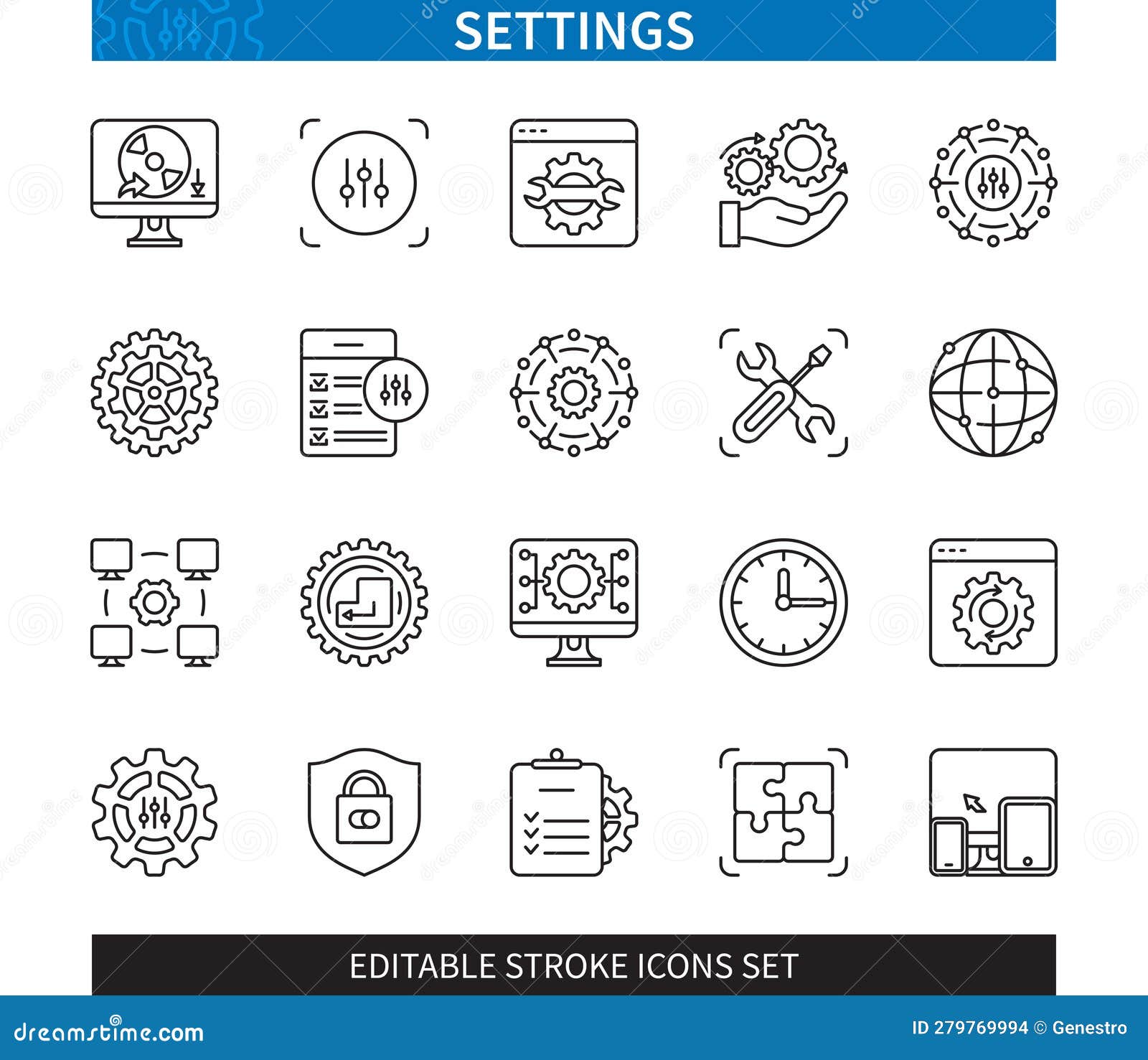 Settings Editable Stroke Icons Set Stock Vector - Illustration of ...