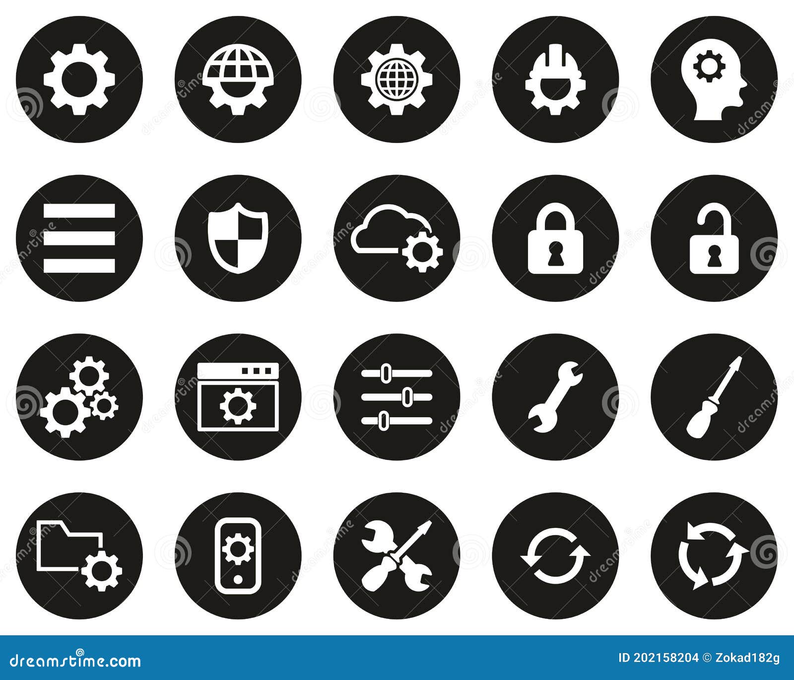 Settings Icons White on Black Flat Design Circle Set Big Stock Vector ...