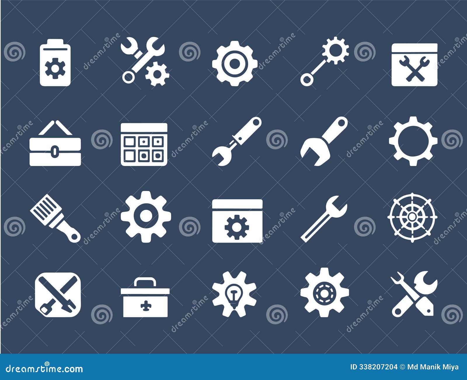Settings and Tools Icon Set - White on Blue Background Stock ...