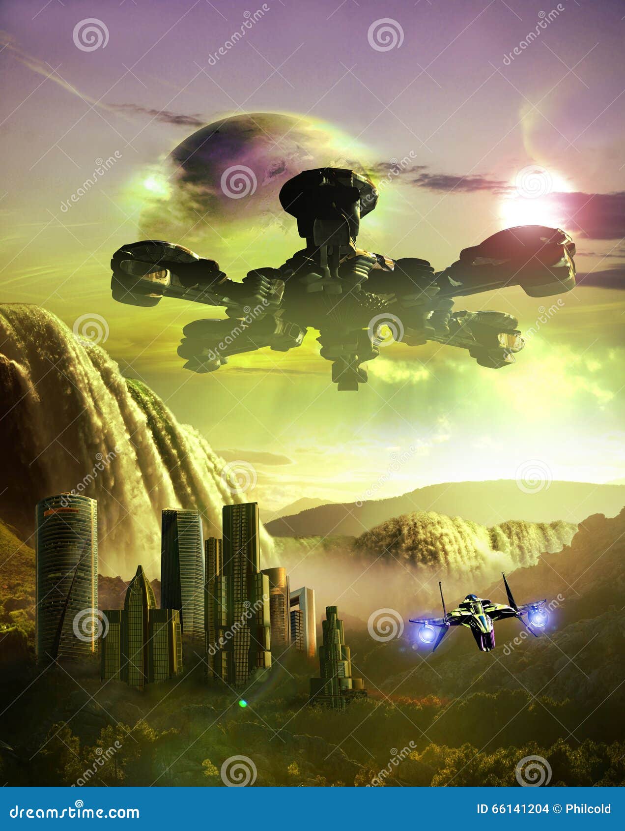 Settled alien landscape stock illustration. Illustration of city - 66141204