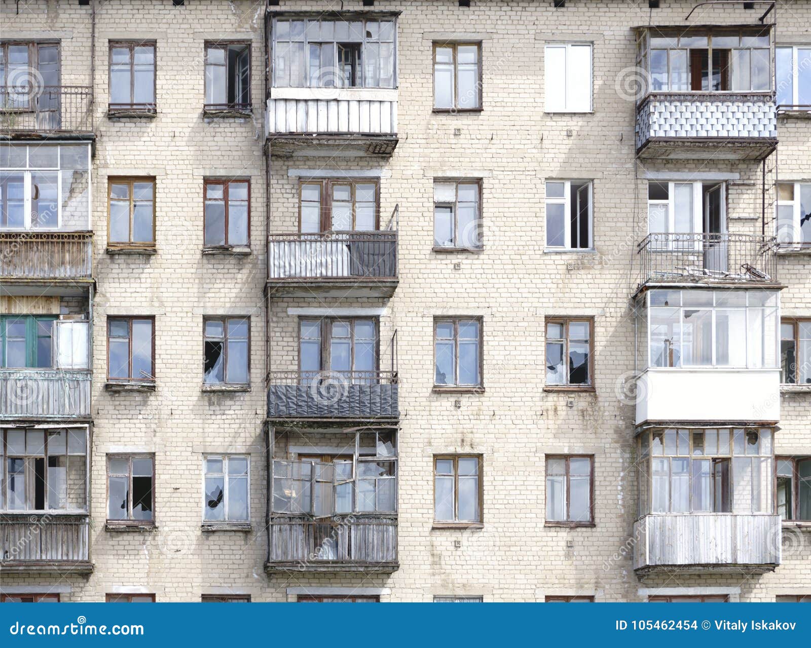 Settled Crumbling Buildings with Broken Windows Stock Photo - Image of ...