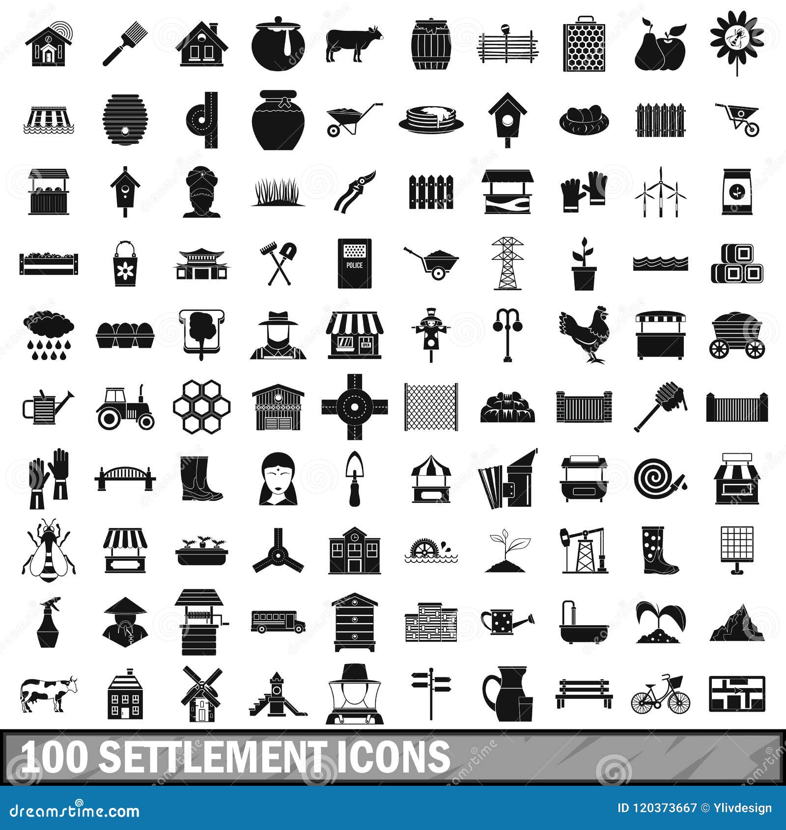 100 Settlement Icons Set, Simple Style Stock Vector - Illustration of ...