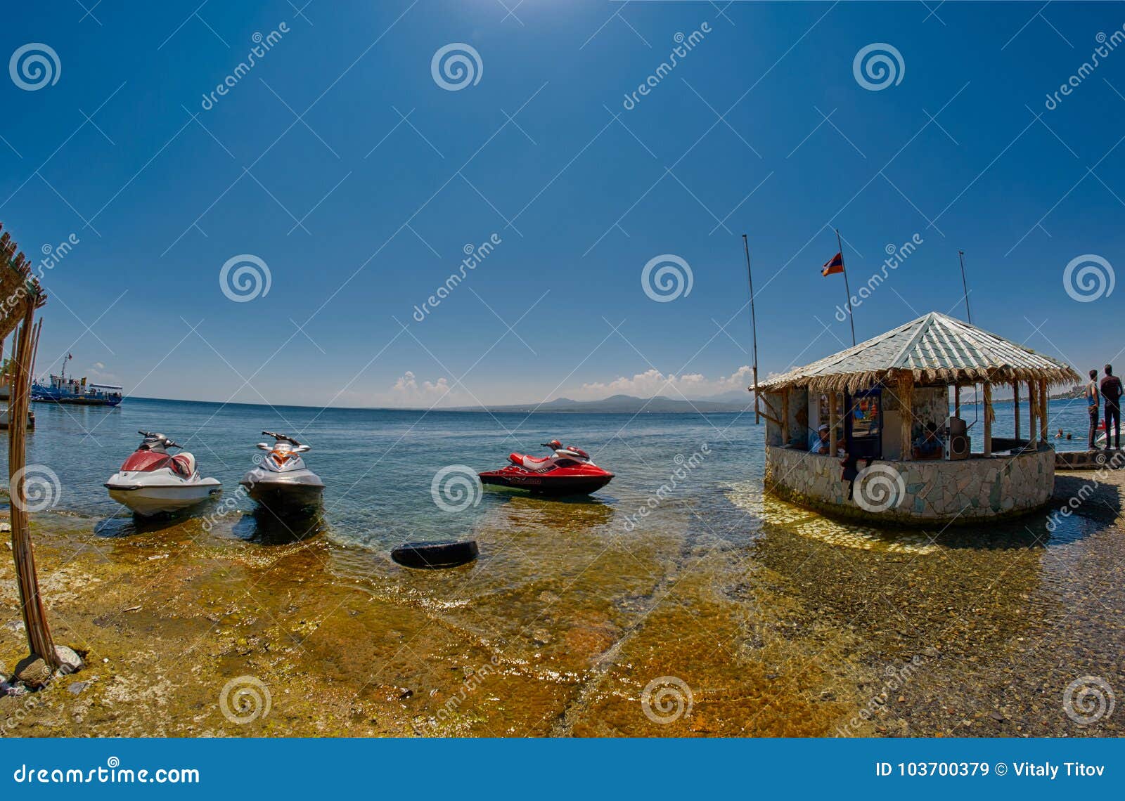 SEVAN LAKE, ARMENIA - 02 AUGUST 2017: Beach and Watersports at M ...