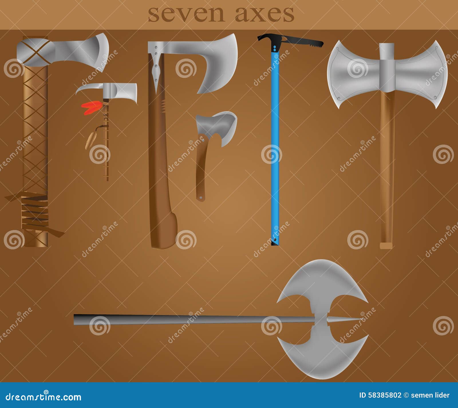 Seven axes stock vector. Illustration of feathers, wood - 58385802