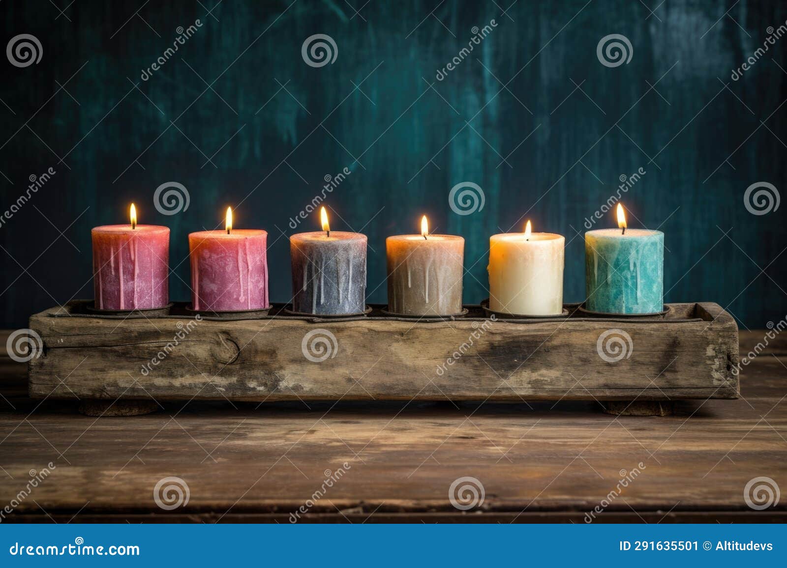 Seven Candles on a Rustic Wooden Holder Stock Image - Image of interior ...