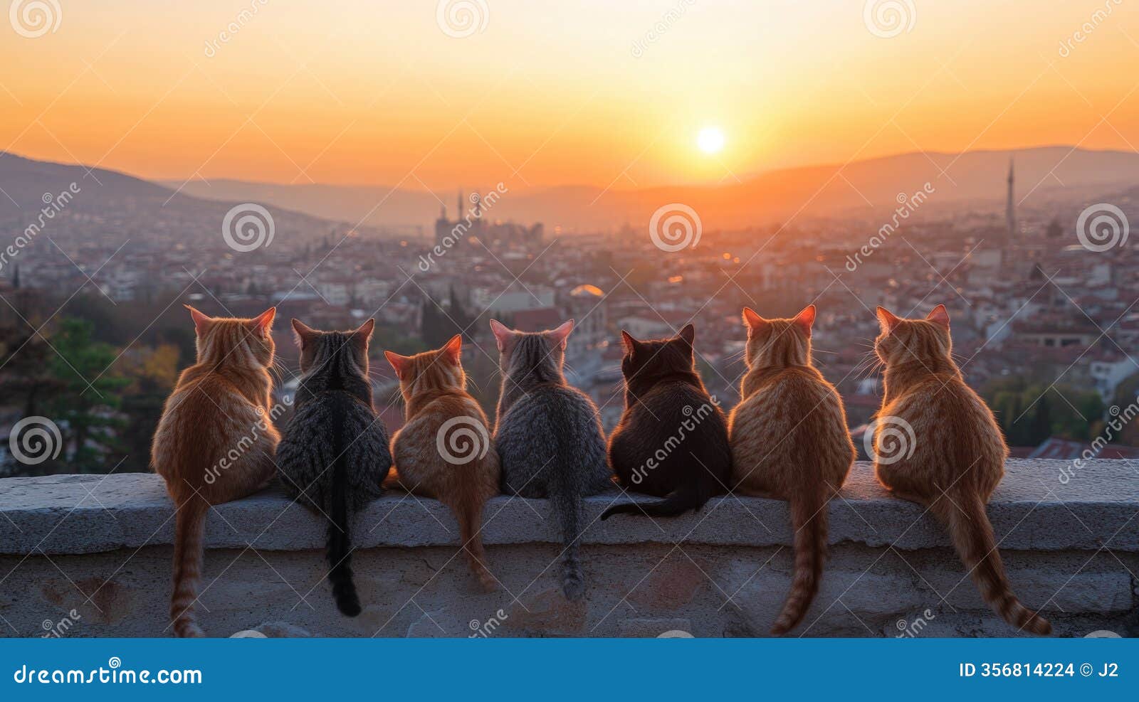 Seven Cats Watching Sunset Over City Skyline Stock Photo - Image of ...