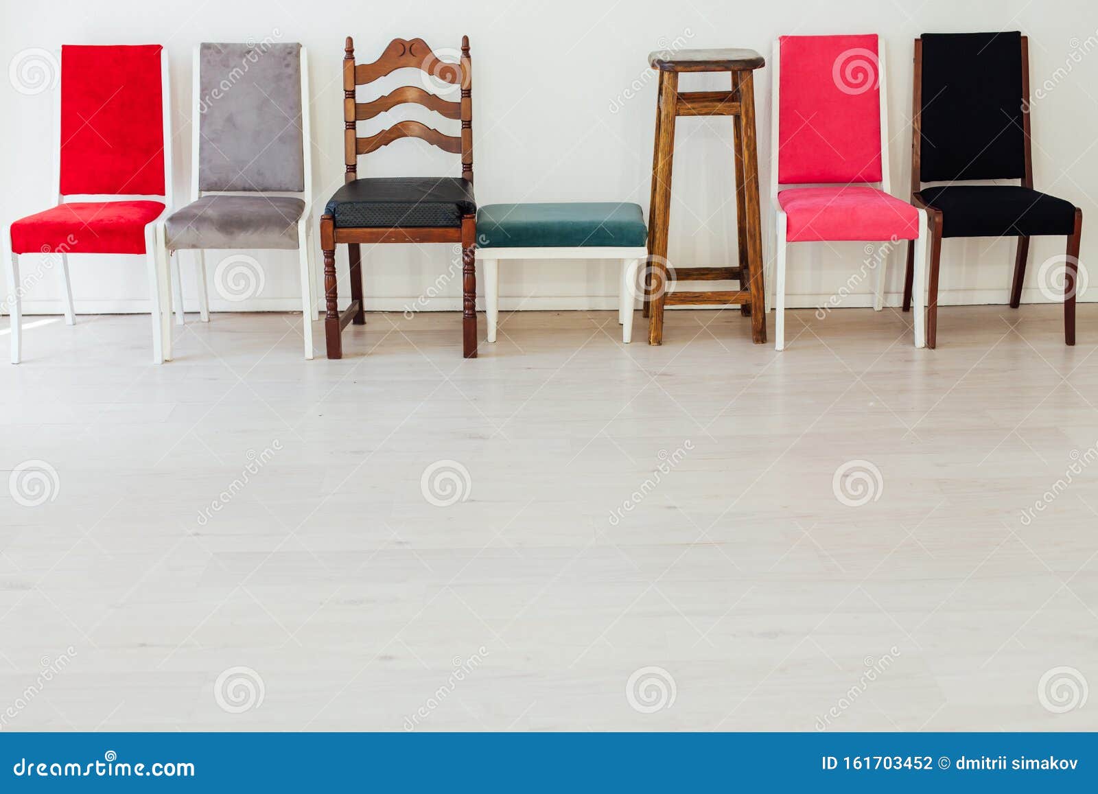 Seven Chairs in the Interior of an Empty White Room Stock Photo - Image ...