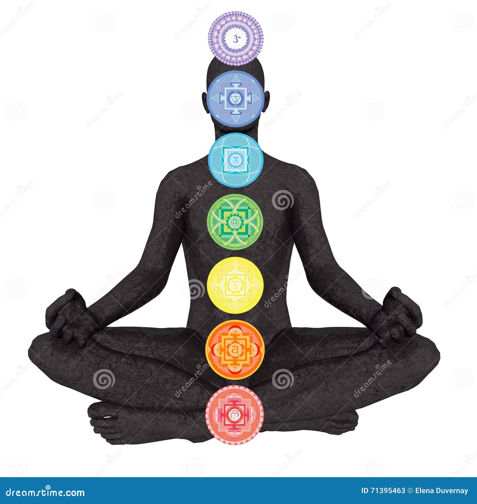 Seven Chakra Symbols Column on Black Human Being - 3D Render Stock ...