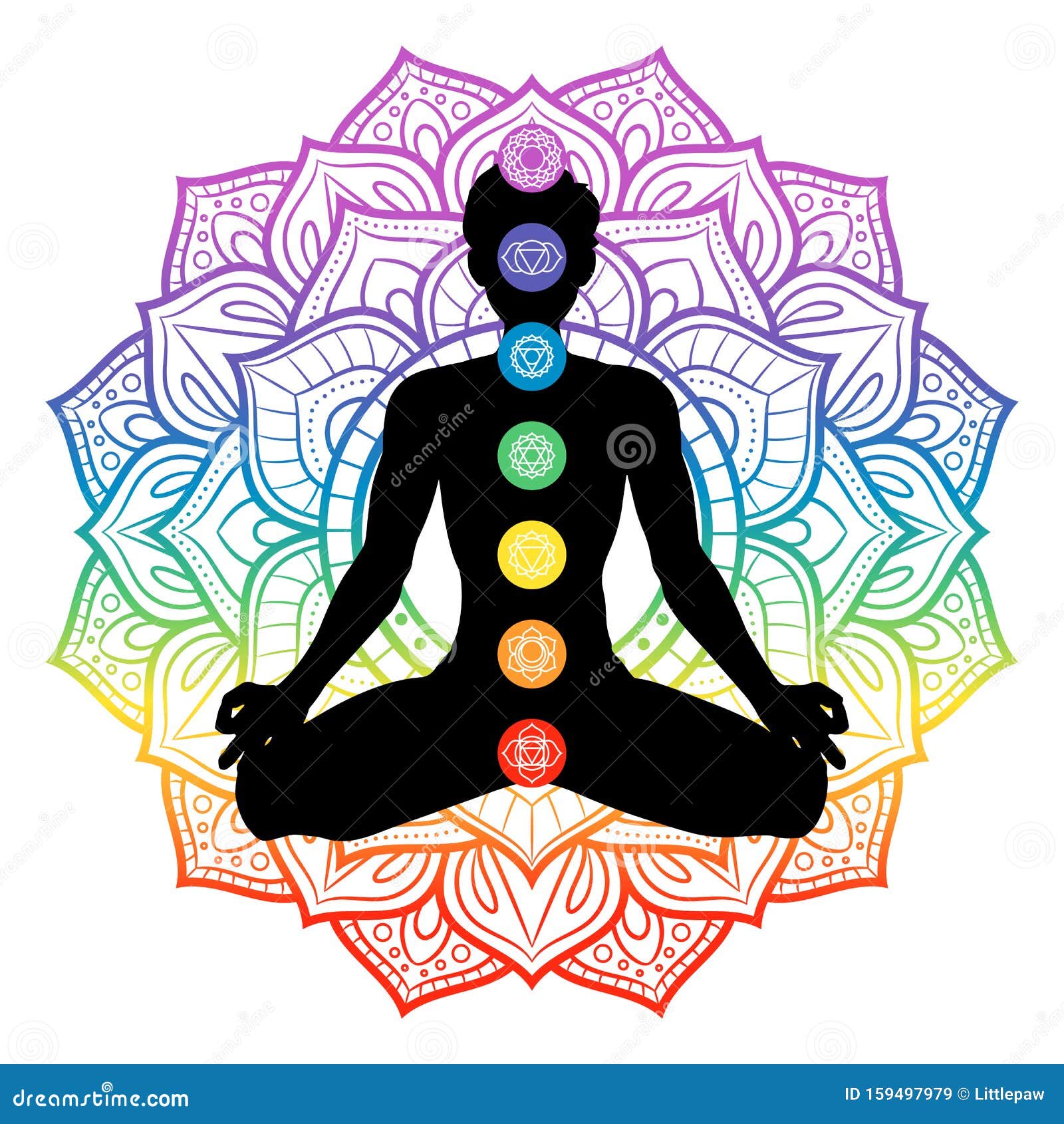 Seven Chakras on Meditating Yogi Man Silhouette, Vector Illustration ... Seven Chakras on Meditating Yogi Man Silhouette, Vector Illustration ...