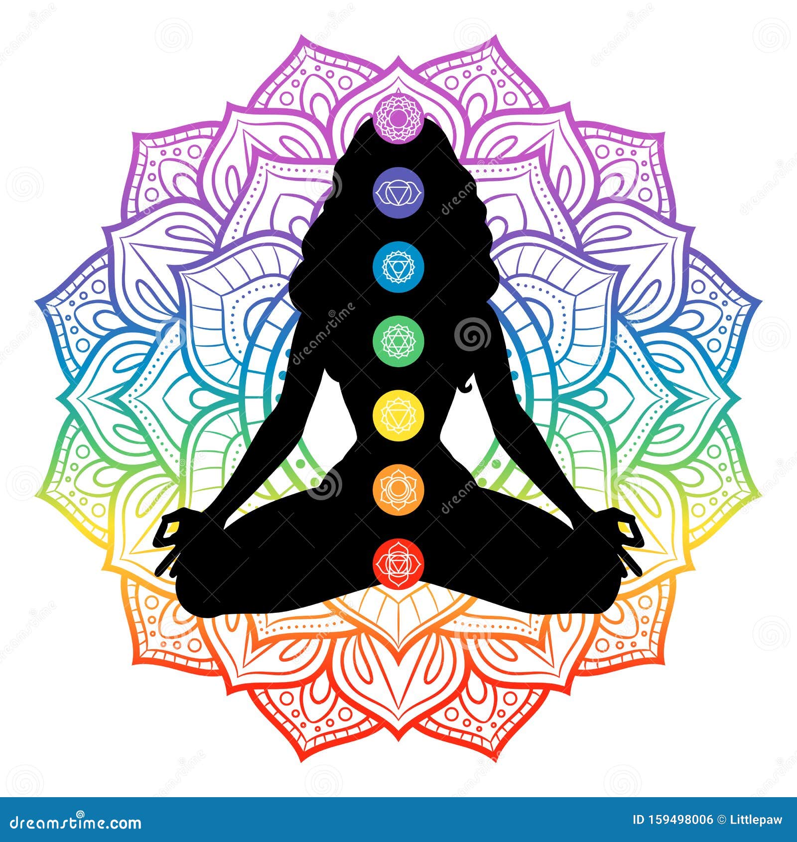 Seven Chakras on Meditating Yogi Woman Silhouette, Vector Illustration ... Seven Chakras on Meditating Yogi Woman Silhouette, Vector Illustration ...