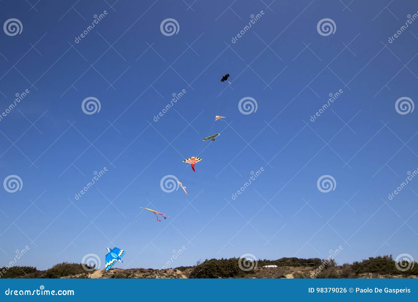 Seven Colored Kites in a Row Flying on the Beach Stock Photo - Image of ...