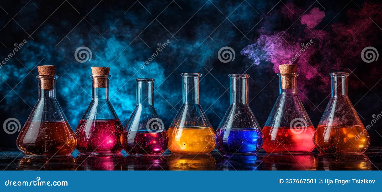 Seven Colorful Chemical Solutions in Glass Flasks on Dark Background ...