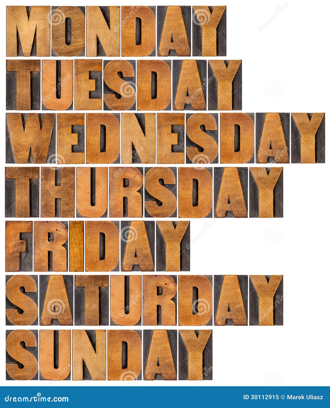 Days of week in wood type stock image. Image of wood - 30112915 Days of week in wood type stock image. Image of wood - 30112915