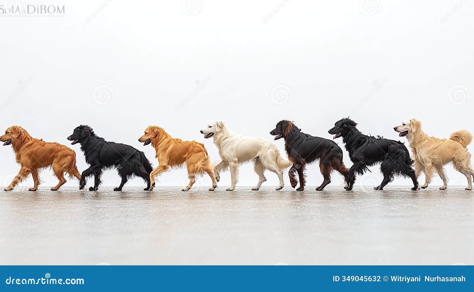Seven Dogs of Various Breeds Walking in a Row Against a White ...