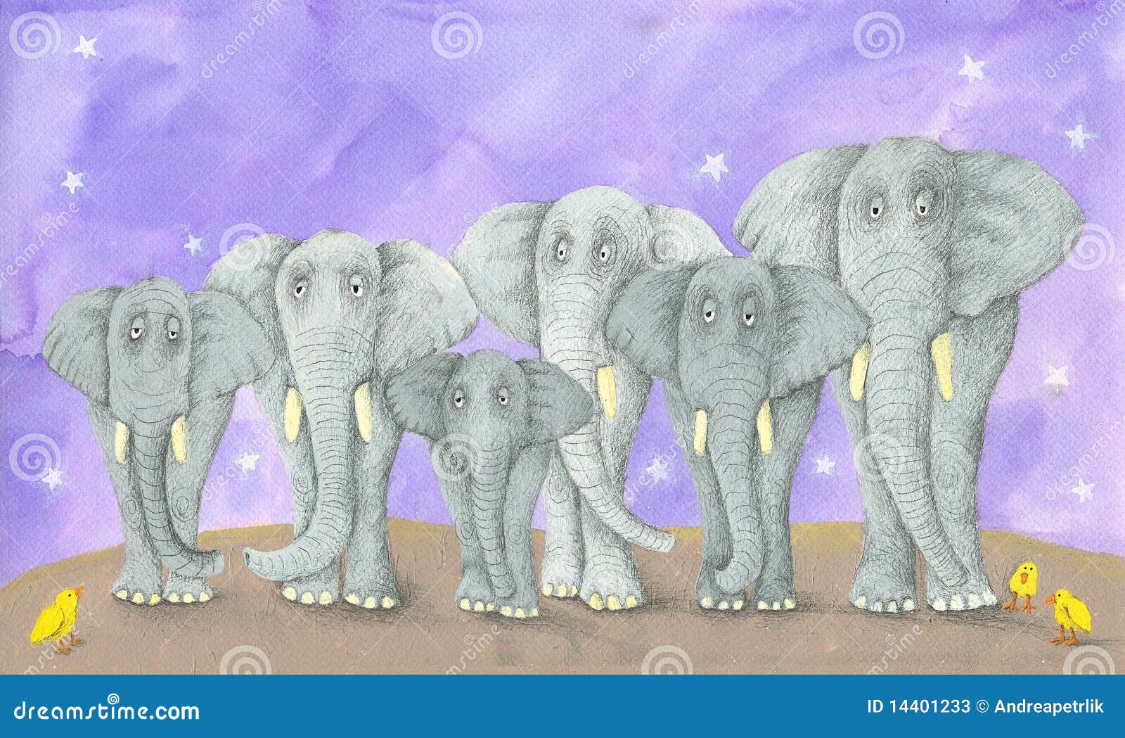 Seven Elephants and Three Birds Stock Illustration - Illustration of ...