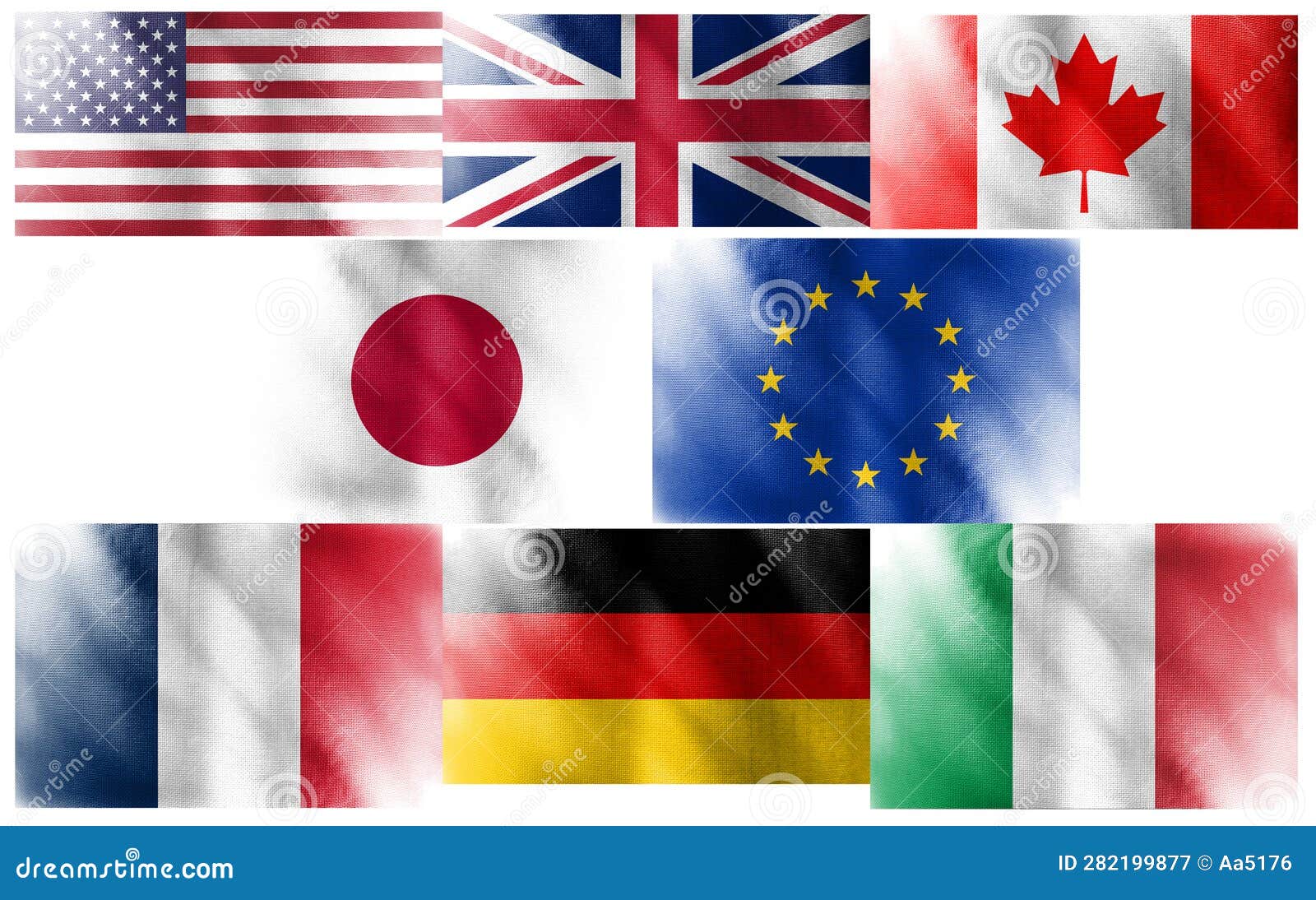 Seven Flags of the Group of Seven are Developing Against the Blue Sky ...
