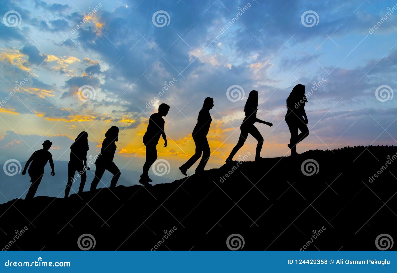 Seven Friends Walk on Mountain Path in Sunset Stock Photo - Image of ...