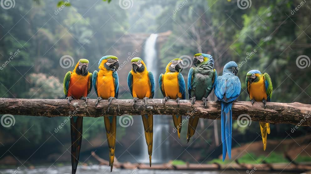 Seven Macaws of Various Colors Perched on a Branch with a Waterfall in ...