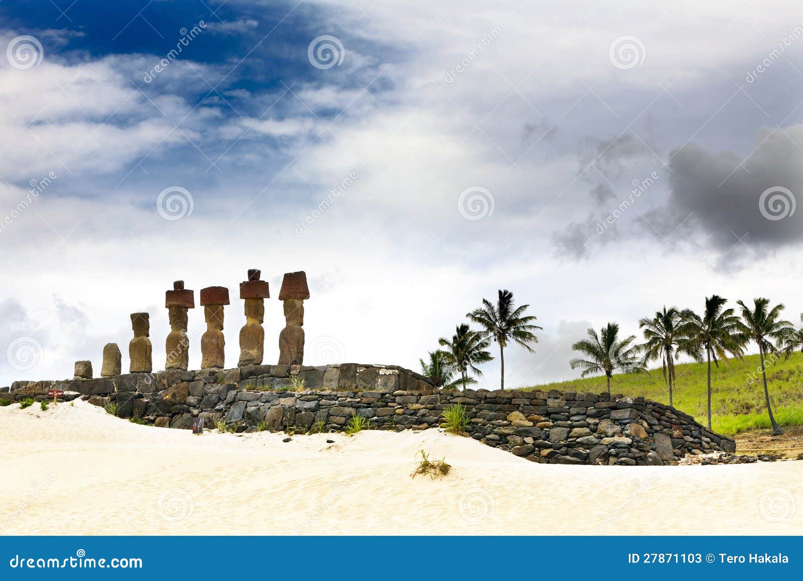Seven Moais Of Ahu Nau Nau And Single Moai Of Ahu Ature Huki Ceremonial ...