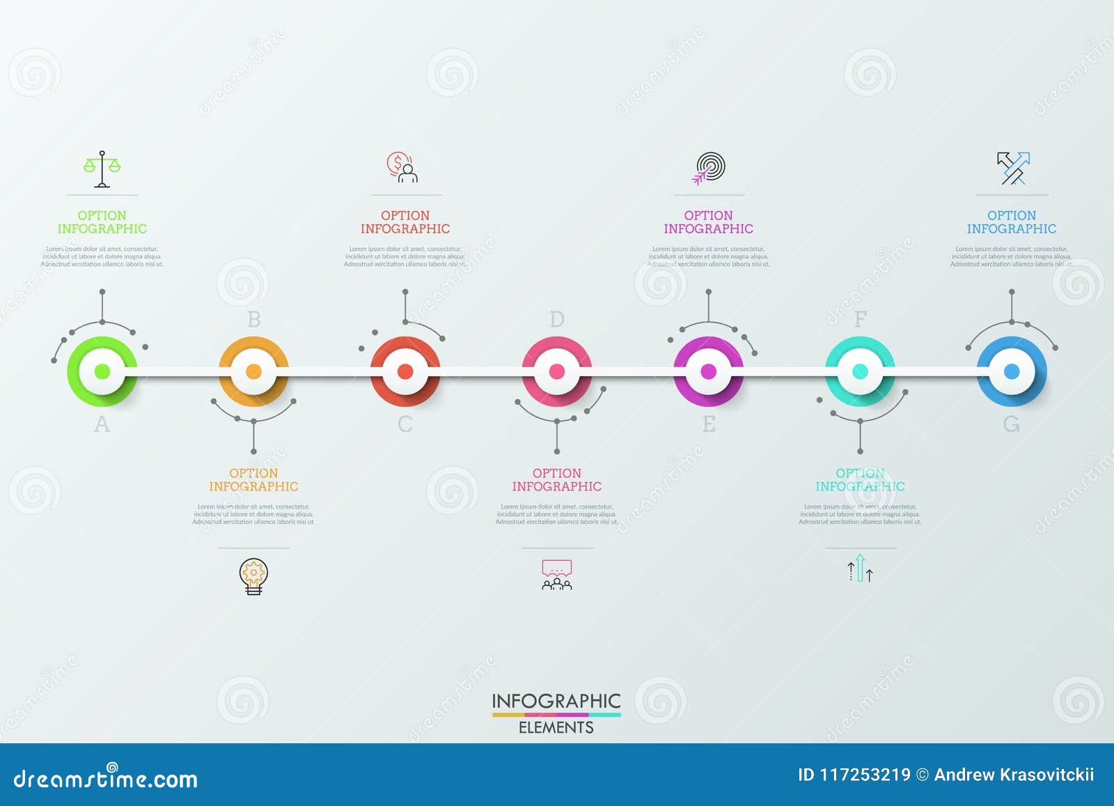 Seven Multicolored Round Elements Connected by White Horizontal Line ...