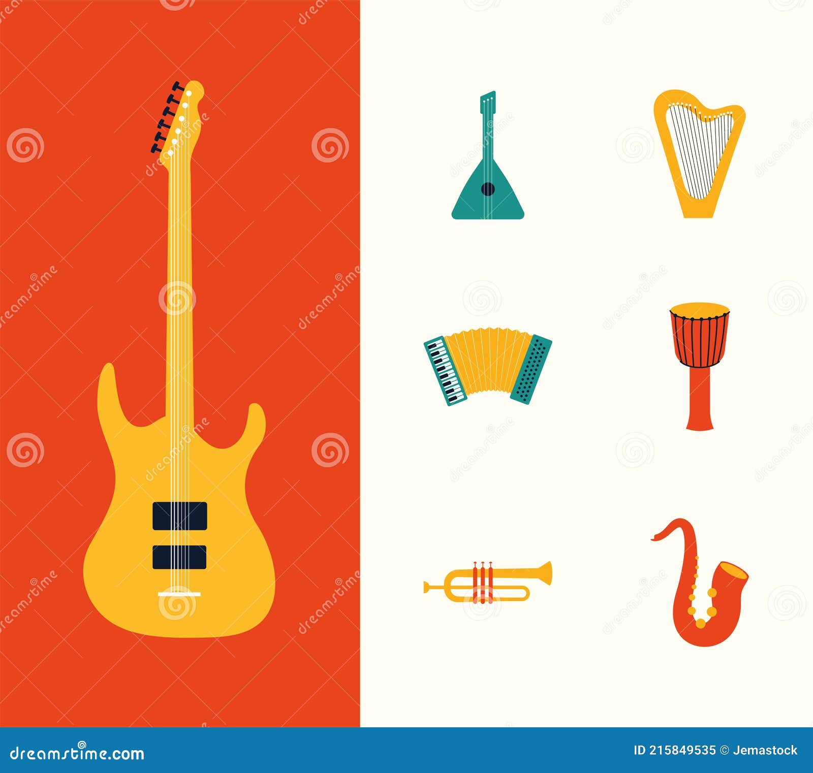 Seven musical instruments stock vector. Illustration of drum - 215849535