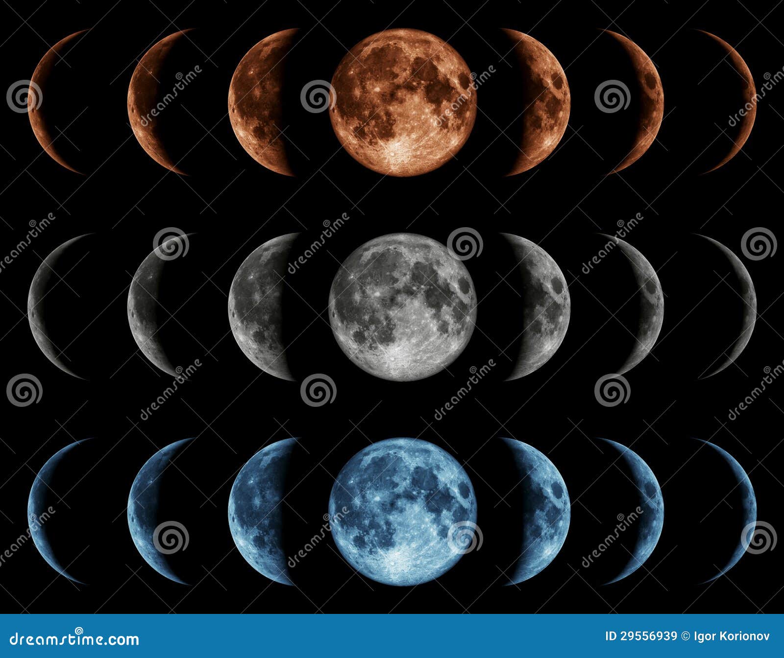 Seven Phases of the Moon Isolated on Black Background. Stock Image ...