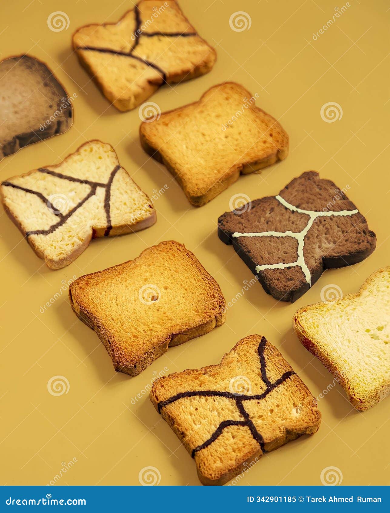 Seven Slices of Toasted Bread, Some with Chocolate Designs, Arranged on ...