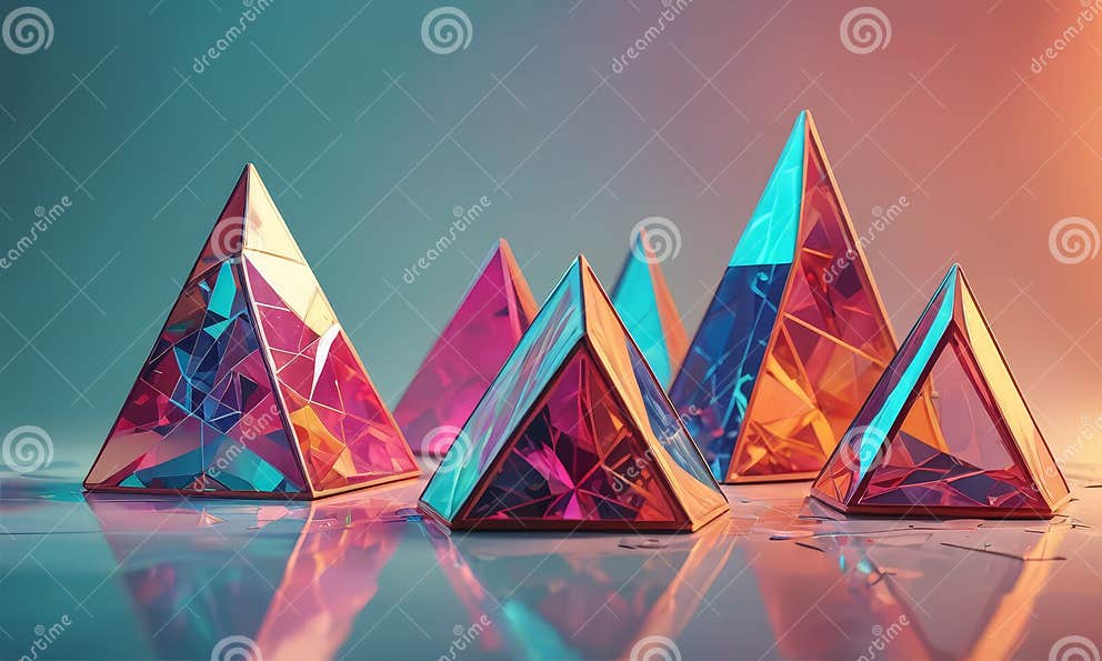 Seven Triangular Glass Sculptures, Each with Unique Color and Pattern ...