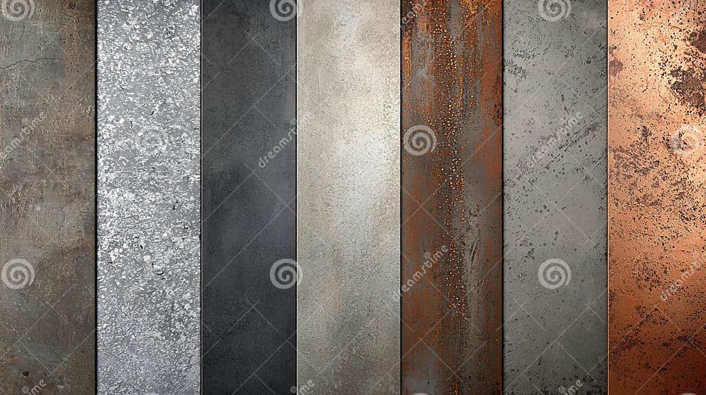 Seven Vertical Rectangular Samples Showing Different Textures of Metal ...