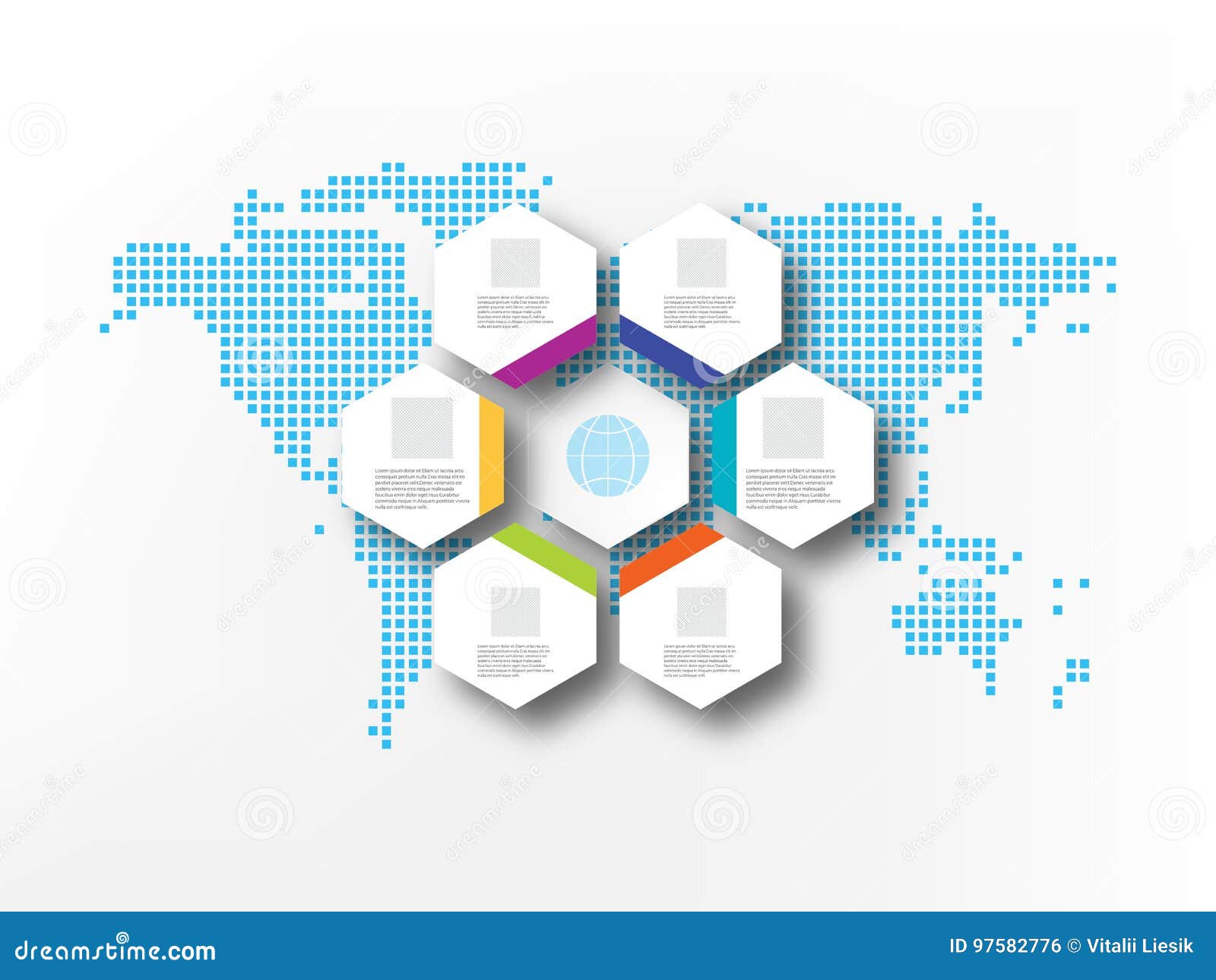 Seven White Hexagons on the Background of Abstract World Map Business ...
