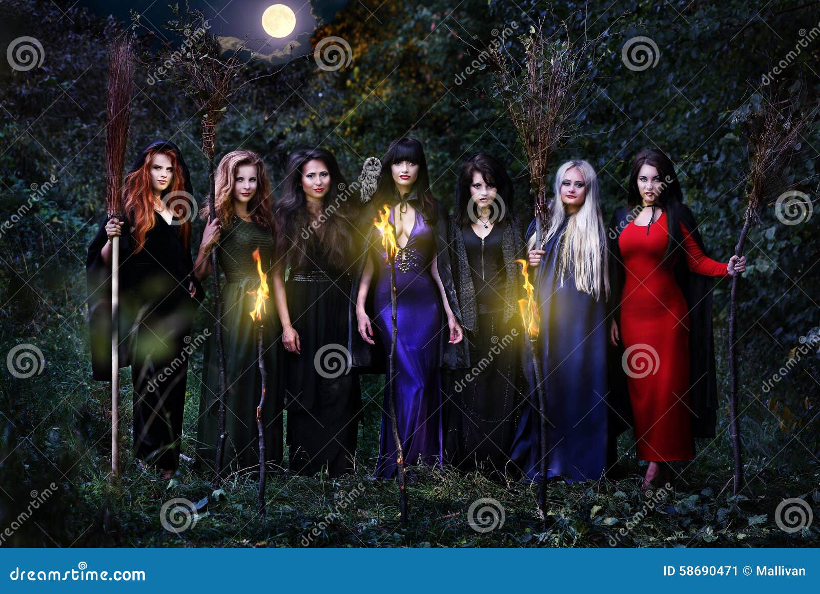 Seven Witches in the Night Forest Stock Image - Image of mystery ...