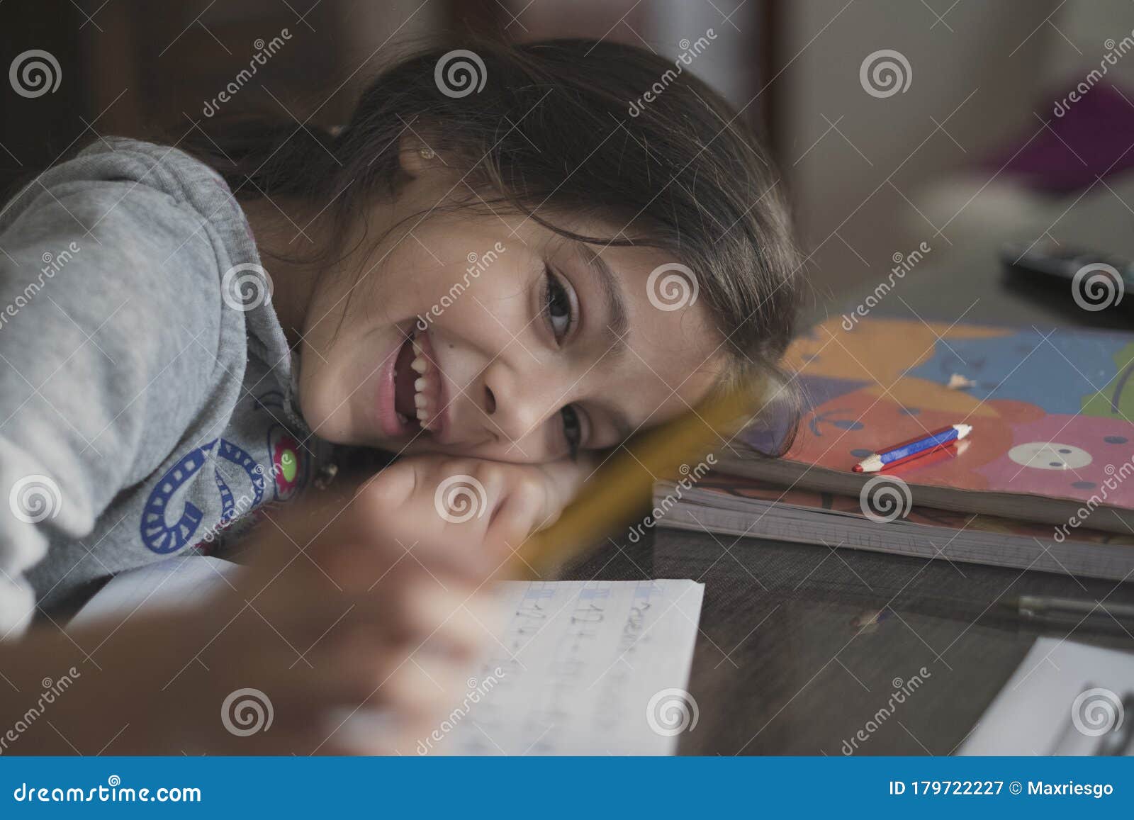 Seven Years Old Girl Doing Homework at Home Stock Image - Image of ...