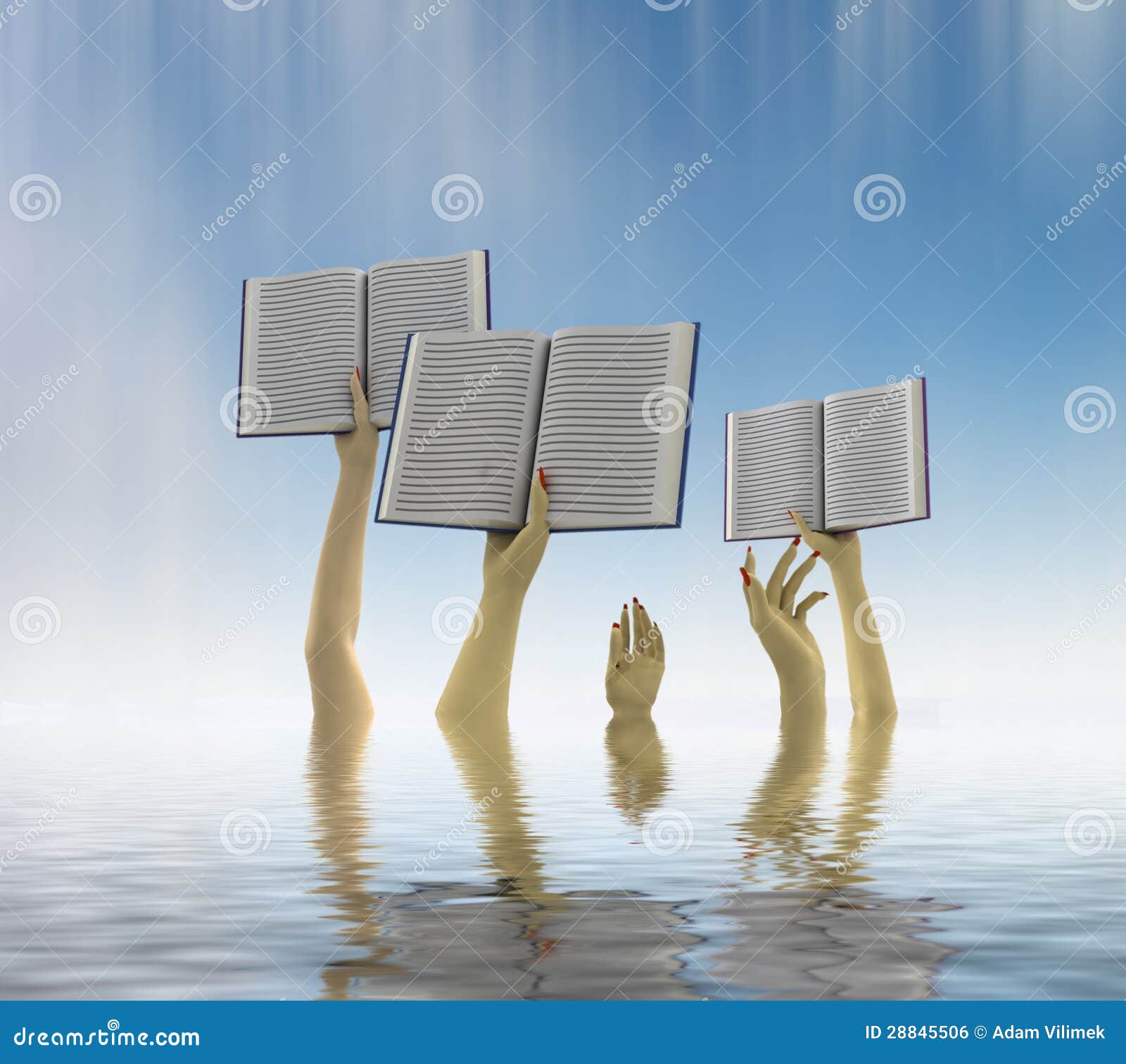Several Arms Holding Books Above Water Stock Illustration ...