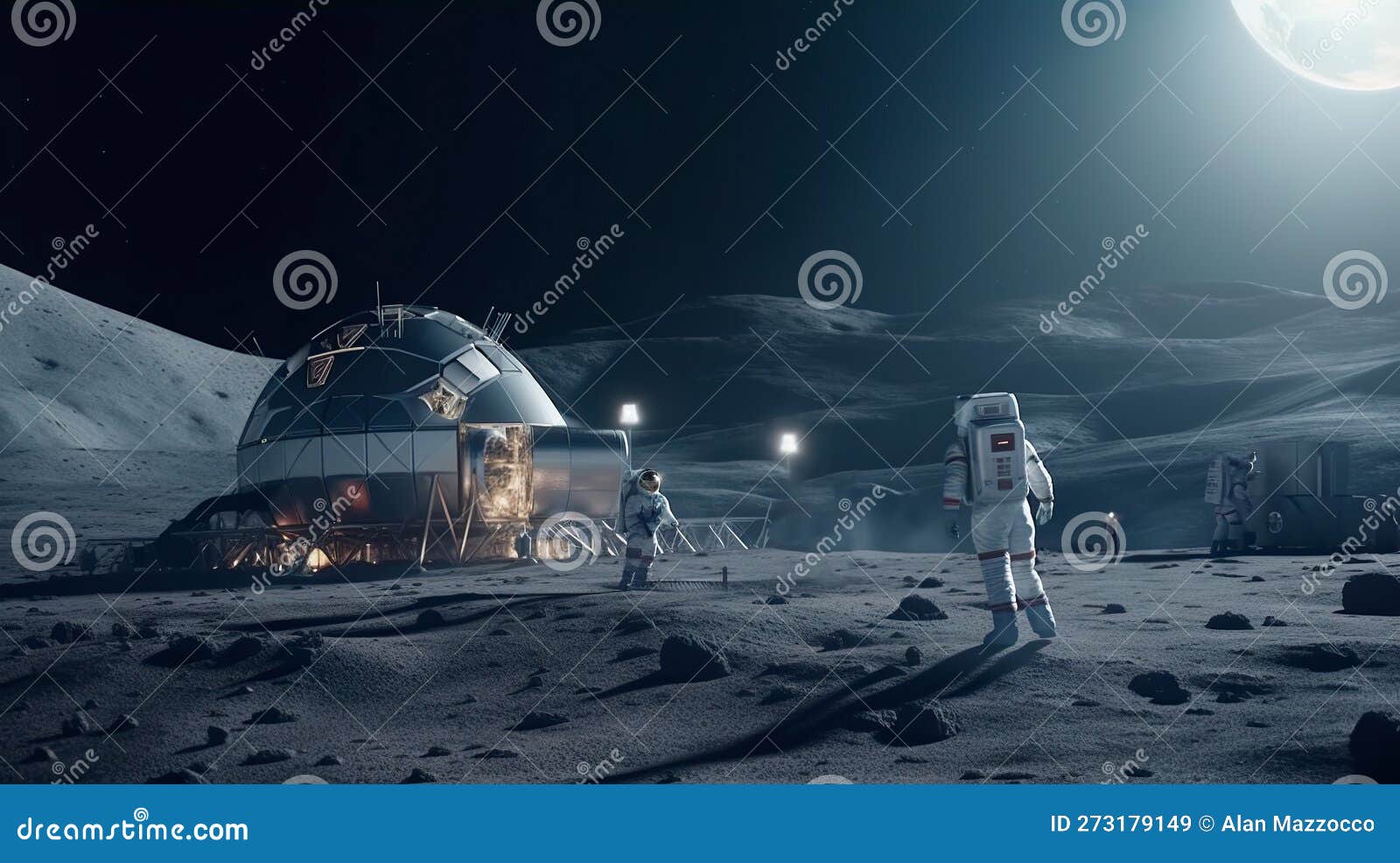 Several Astronauts Working at the Exterior of Moon Space Station ...