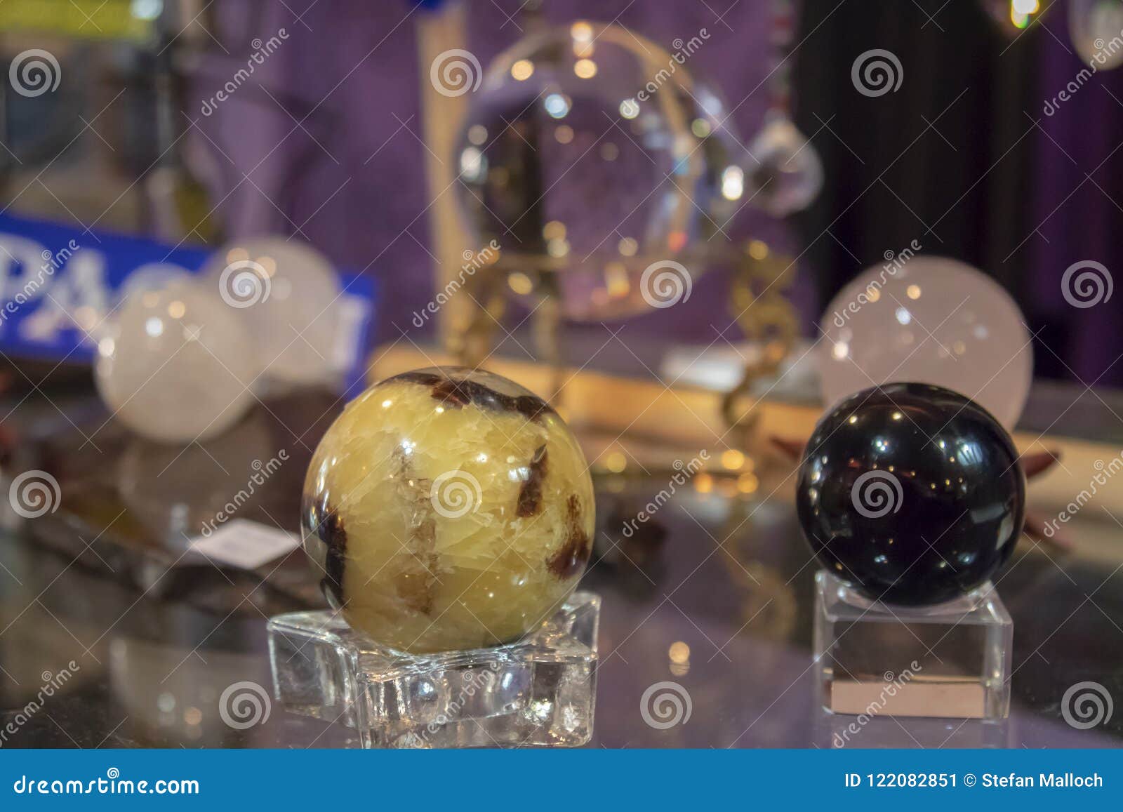 Several Beautiful Healing Crystal Balls on Display Stock Image - Image ...