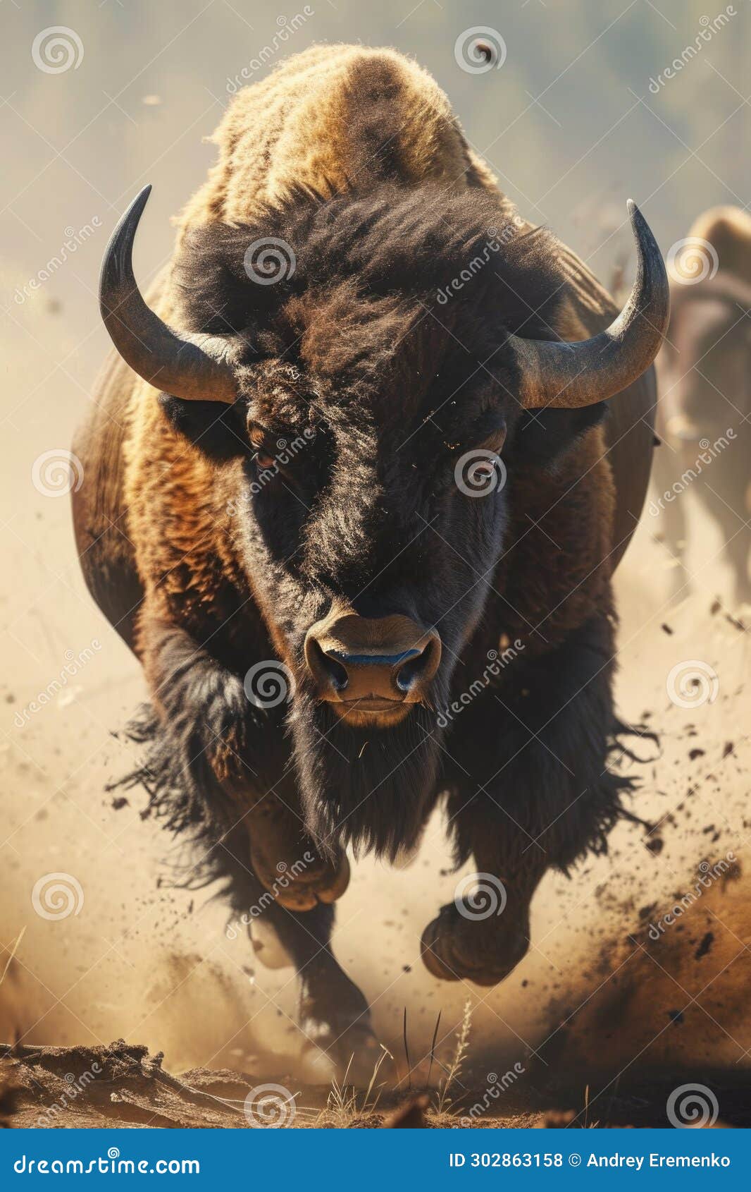 Several Bison Running on the Desert, Mist Stock Illustration ...