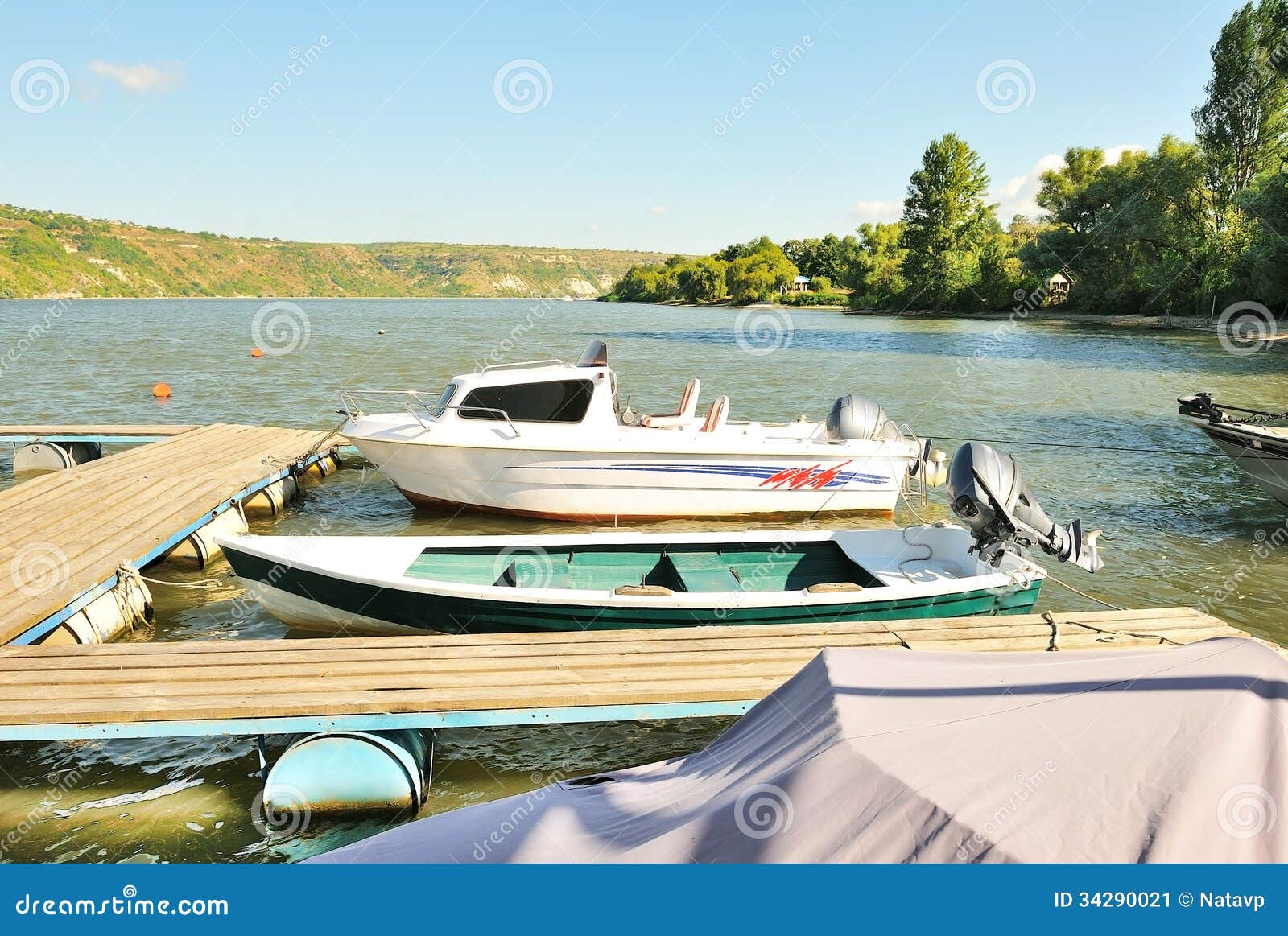 Several Boats on the River Pier. Stock Image - Image of river, empty ...