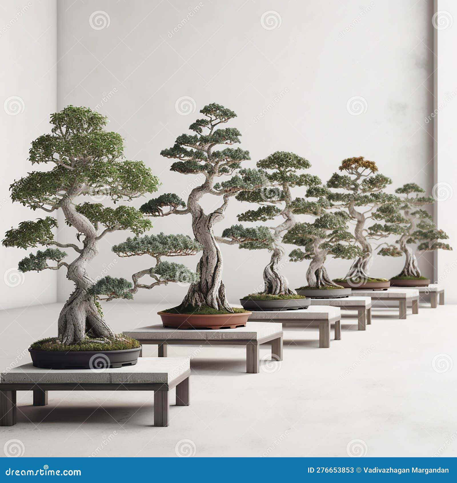 Several Bonsai Trees on a Simple White Table Stock Illustration ...