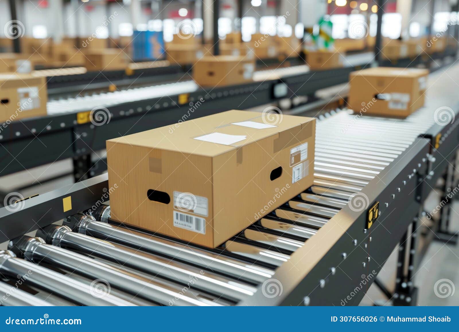Several Boxes on Conveyor Belt Depict Efficient Logistics Operations ...