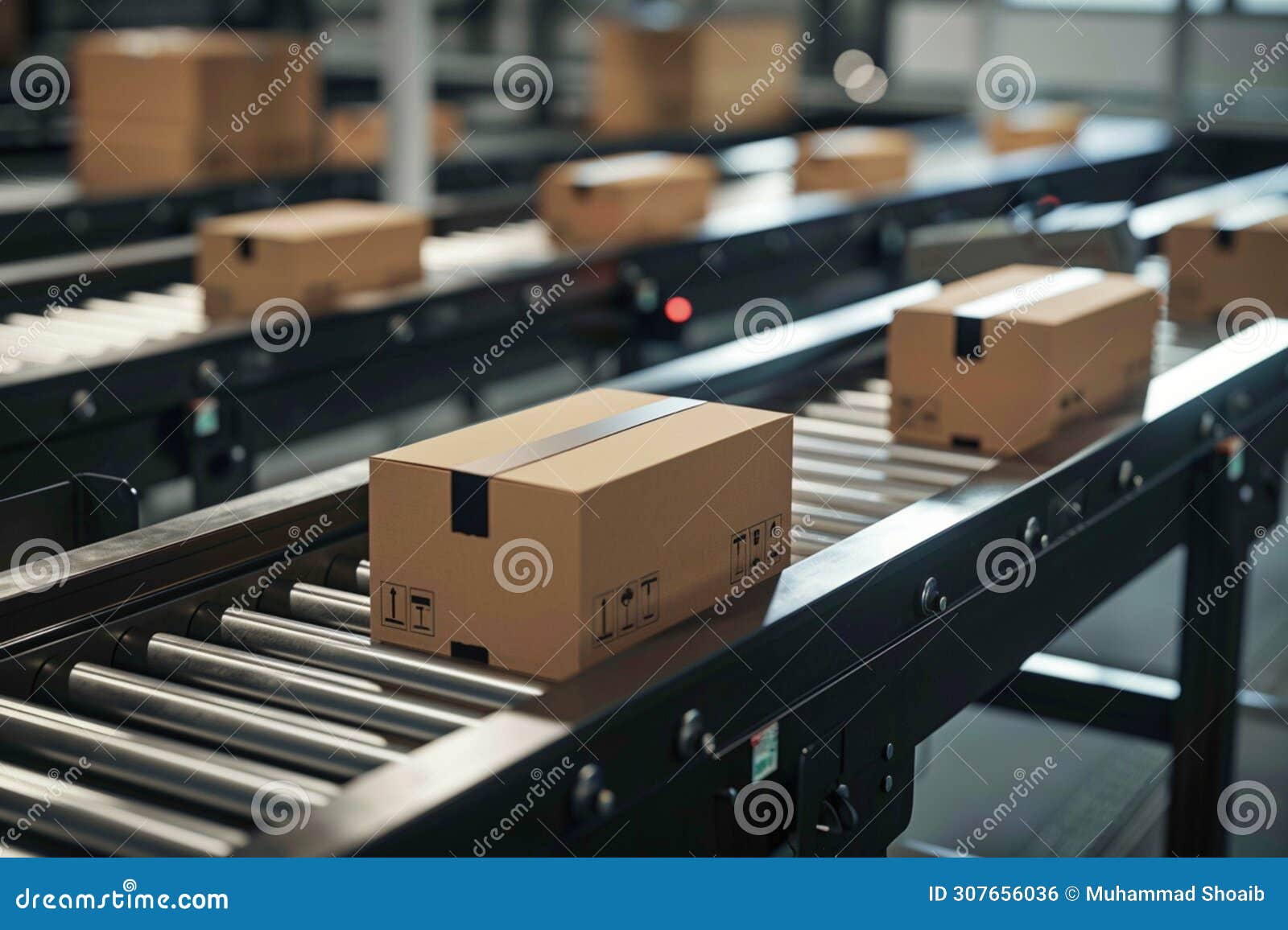 Several Boxes on Conveyor Belt Depict Efficient Logistics Operations ...