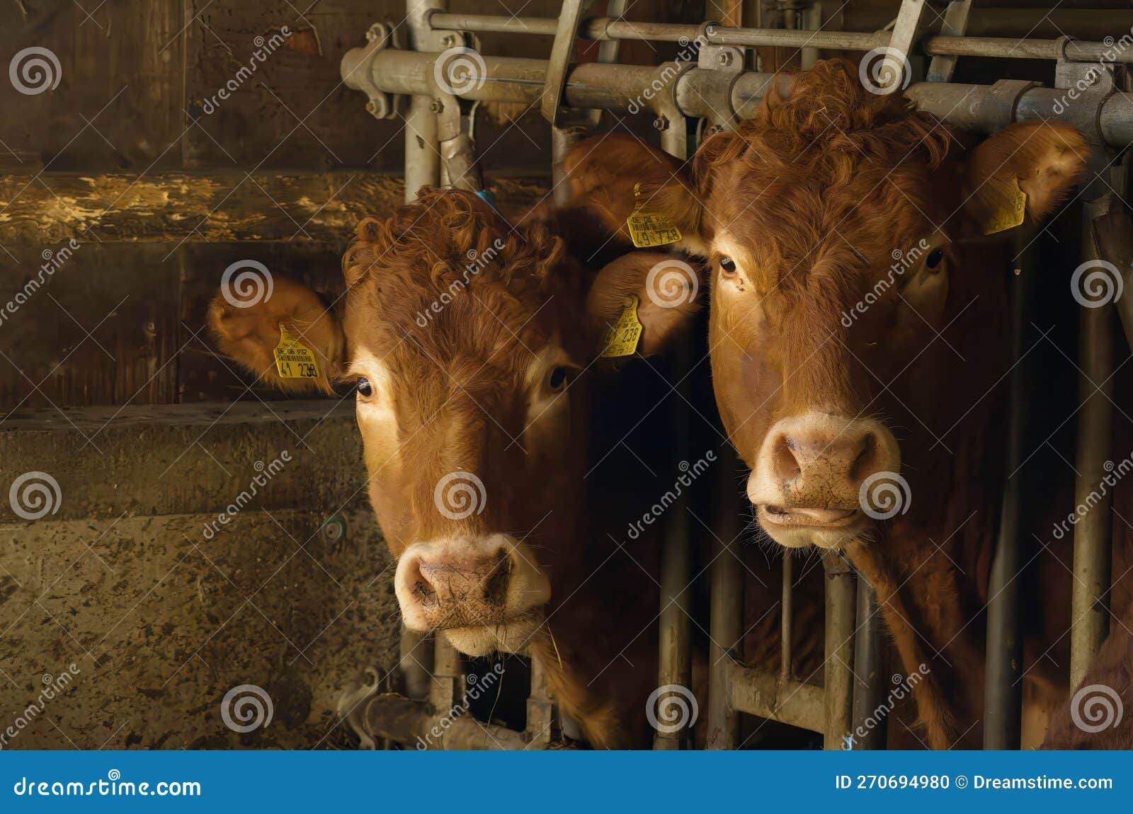 Several Brown Cows Standing in the Caged Area of a Barn Stock Photo ...