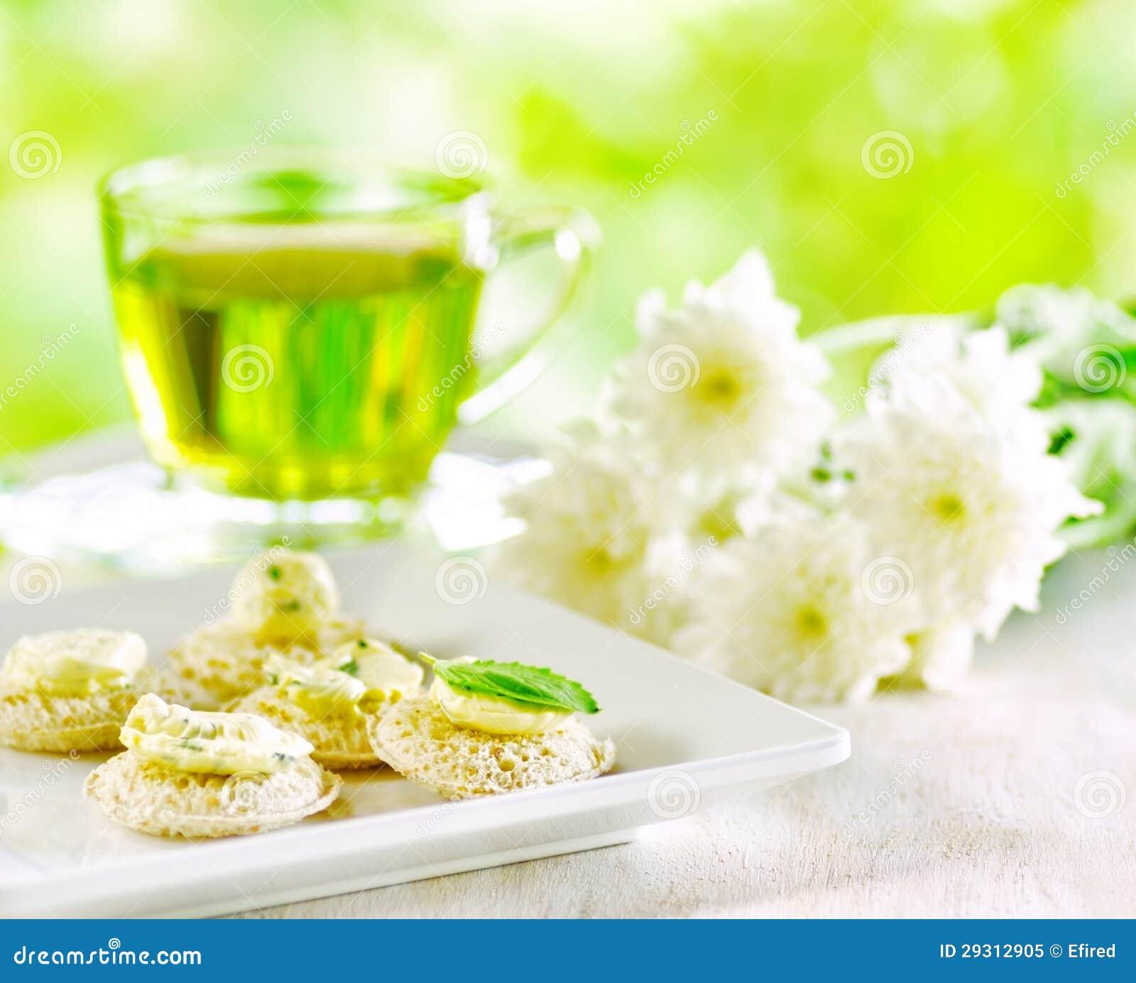 Several Canapes and Cup of Herbal Tea Stock Image - Image of milk ...