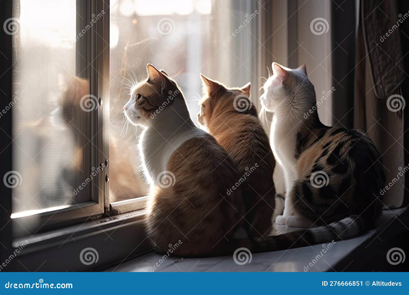 Several Cats Sitting on Windowsill, Watching the Outside World Stock ...
