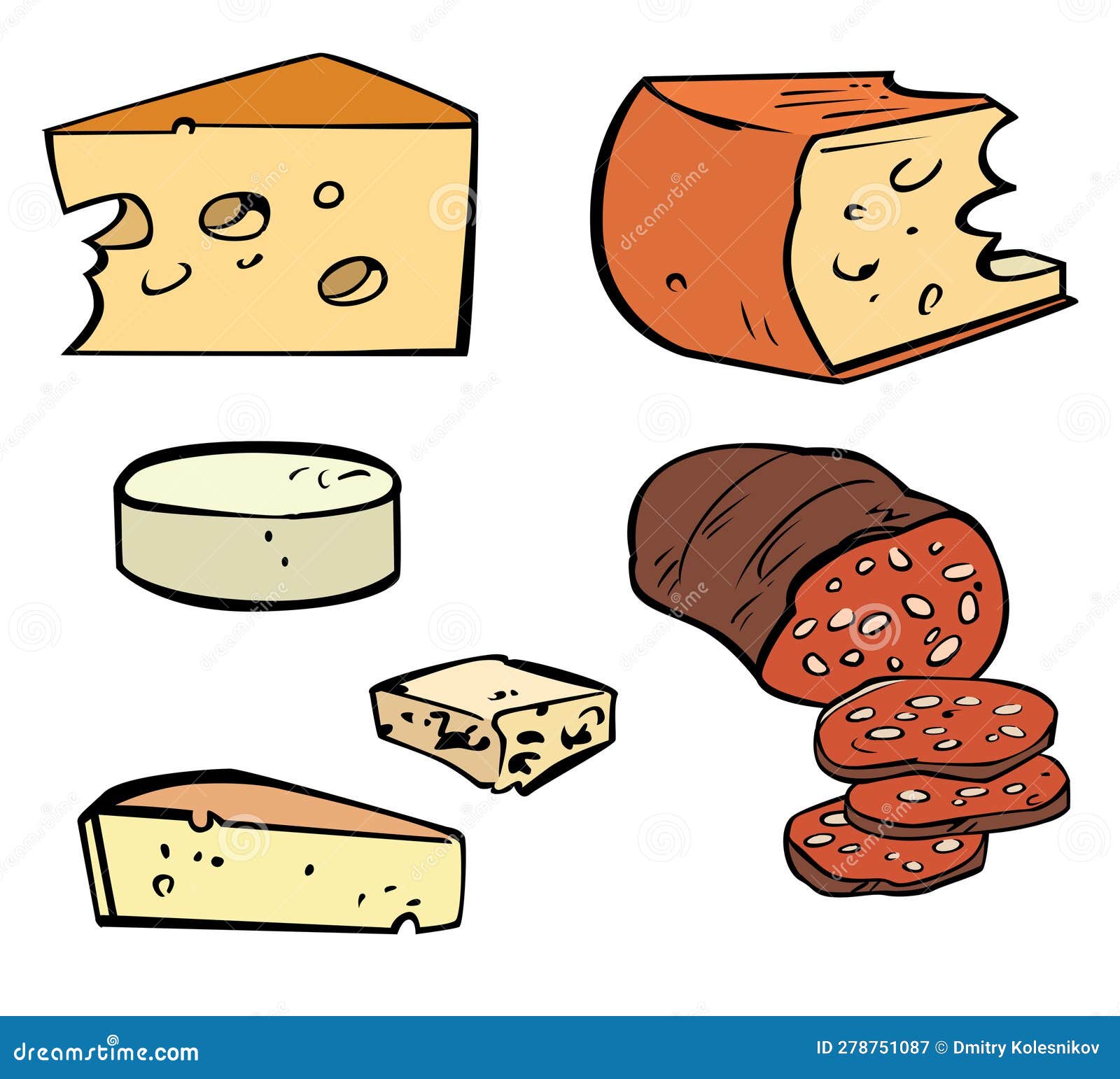 Several Cheese Objects Cheddar Gouda Pepperoni Sausage Stock ...